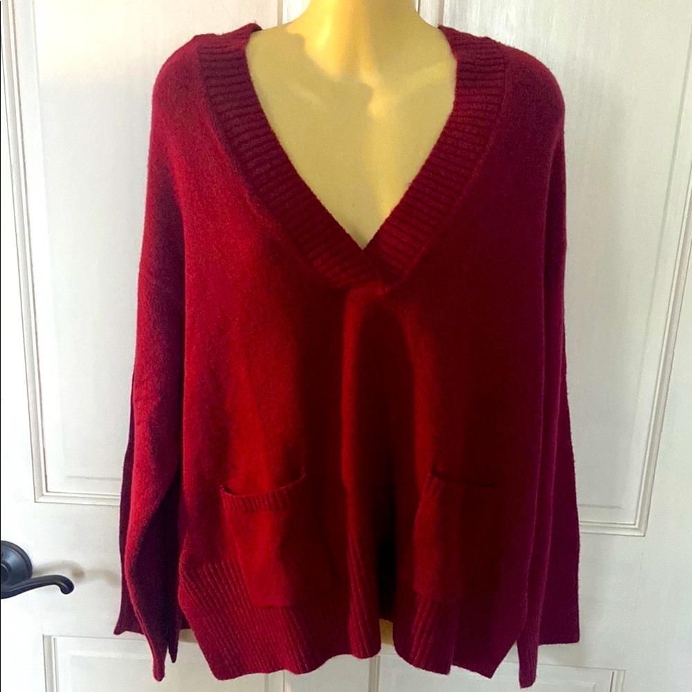 Women's Loft Deep Burgundy Red Oversized V-Neck Sweat… - Gem